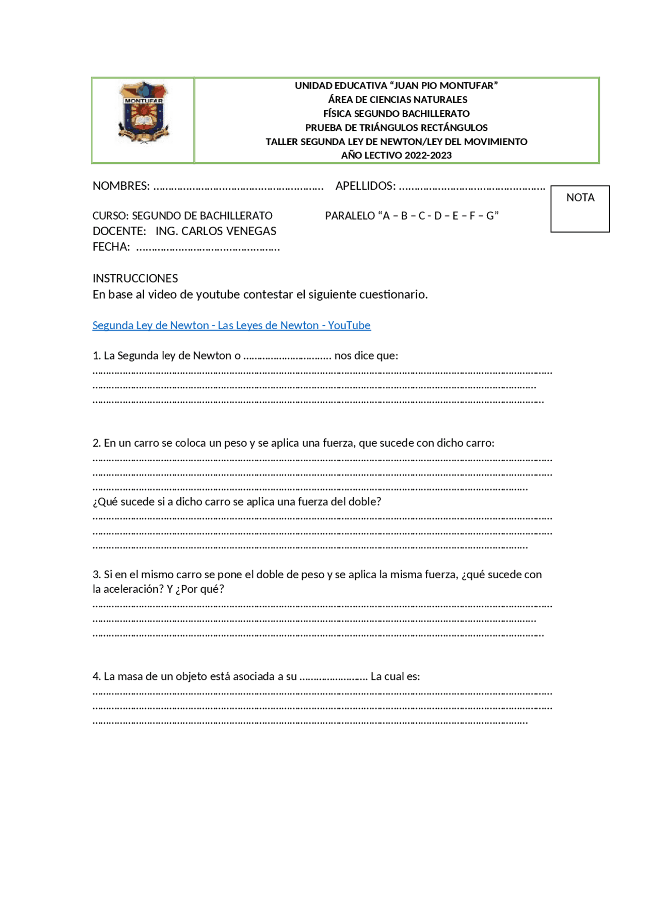 La segunda ley de newton | Ejercicios de Física | Docsity