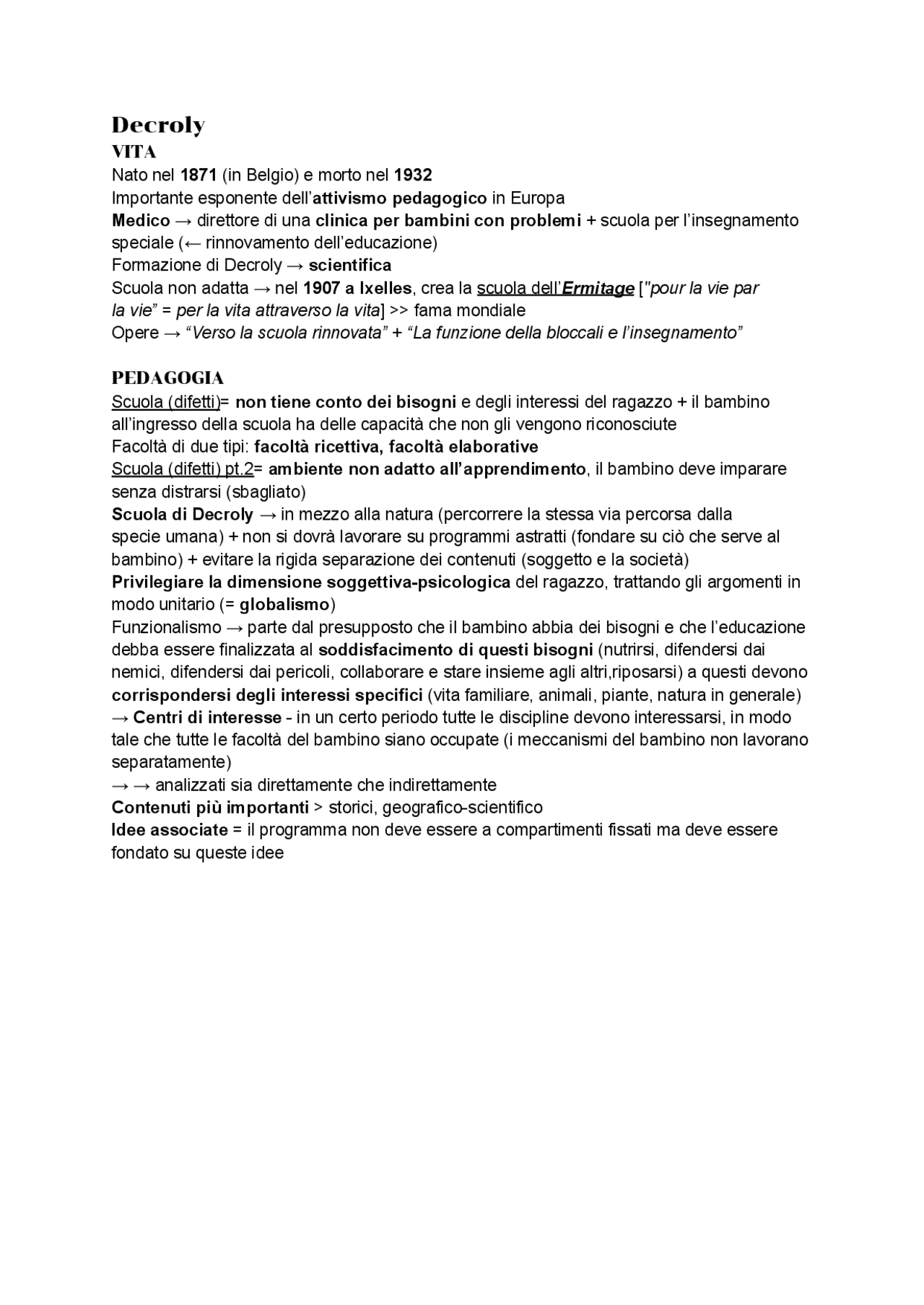 Decroly Scienze Umane Pedagogia Appunti Di Pedagogia Docsity