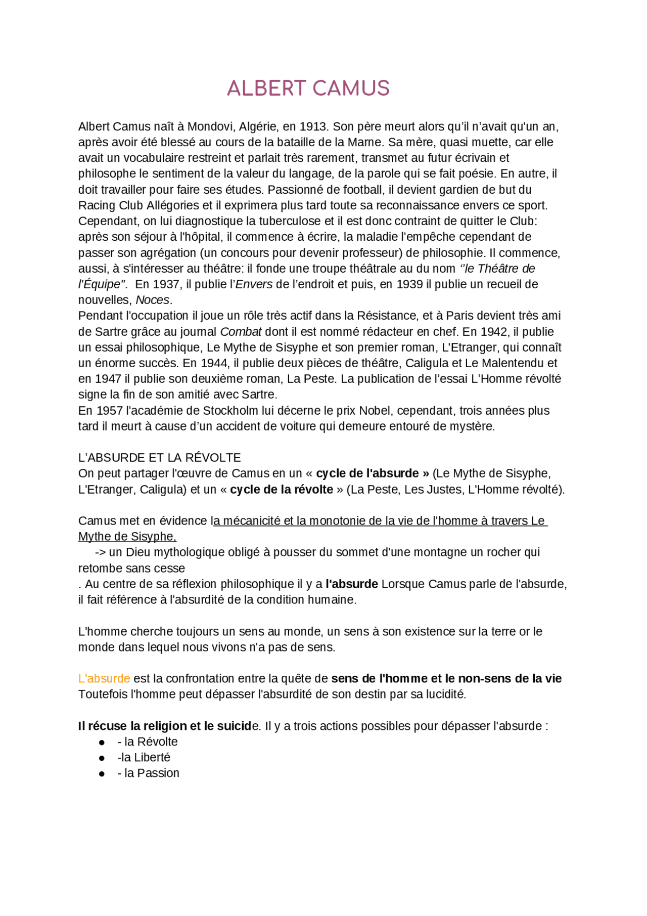 Camus Albert documento | Study notes French | Docsity