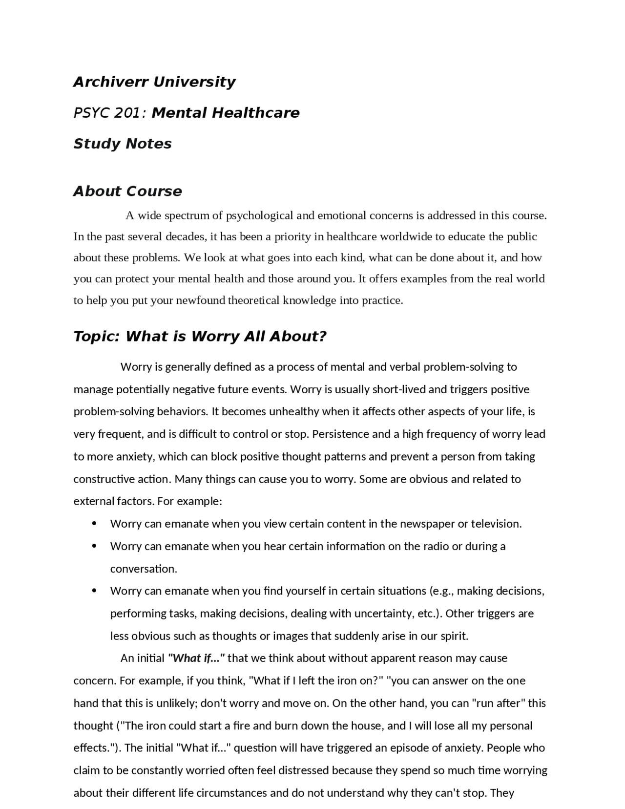 What Exactly is Worry | Study notes Psychology | Docsity