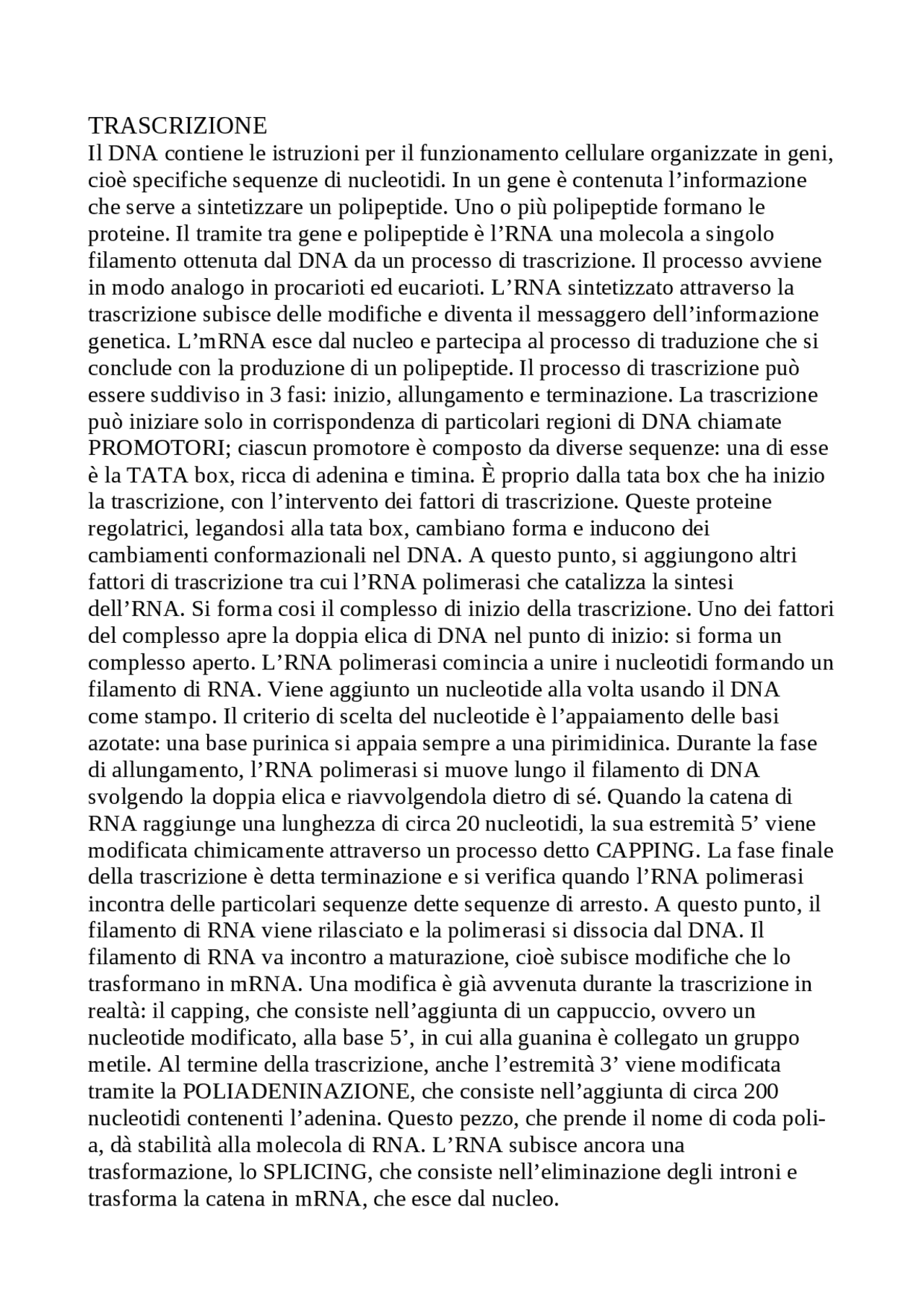Trascrizione del dna | Appunti di Biologia | Docsity