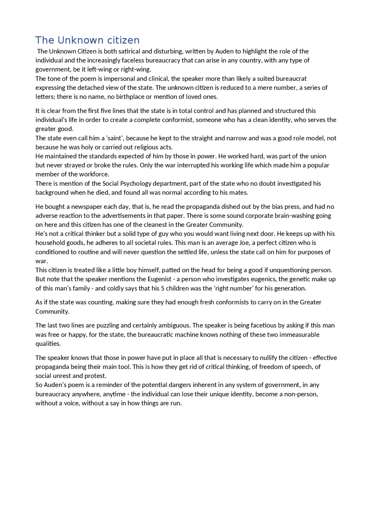 Riassunto, dettagli e spiegazione di "The Unknown citizen" | Schemi e ...