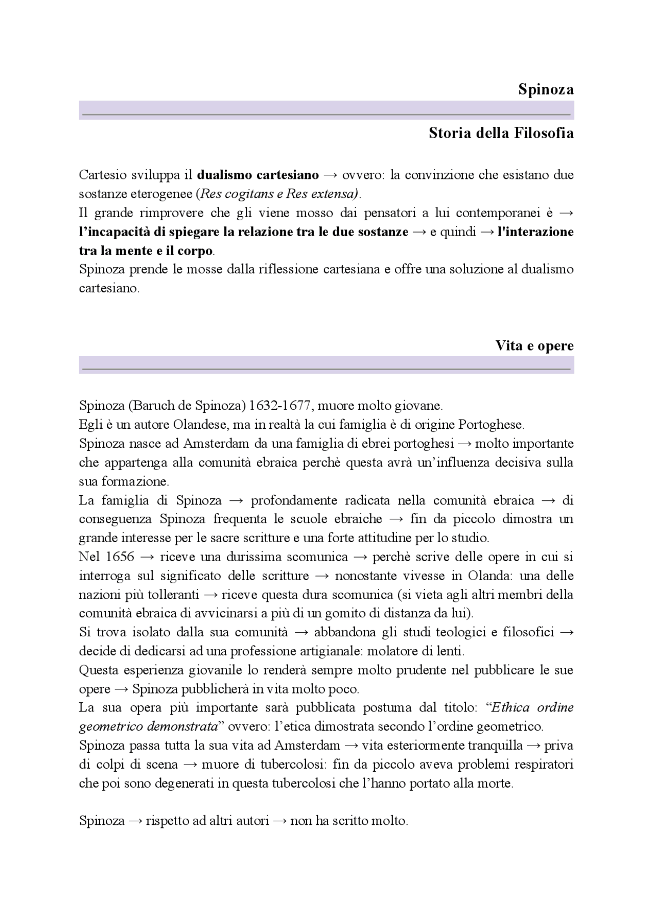 Spinoza Vita Opere E Pensiero Filosofico Appunti Di Filosofia Docsity