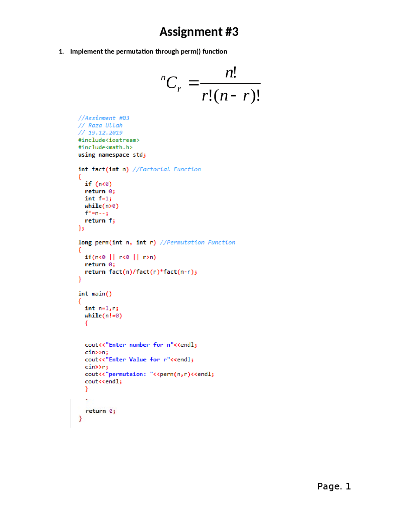 Programming Fundamental Assignment Implement The Permutation Through The Perm Function