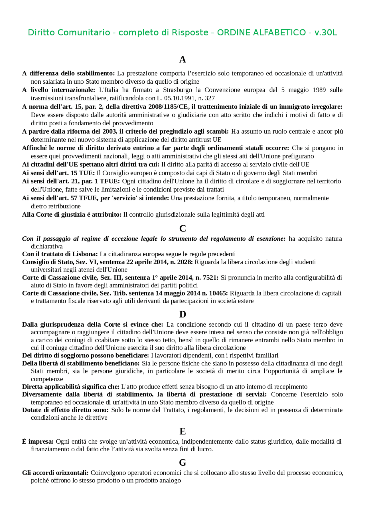 Diritto Comunitario - completo di Risposte - ORDINE ALFABETICO - v.30L | Panieri di Diritto ...