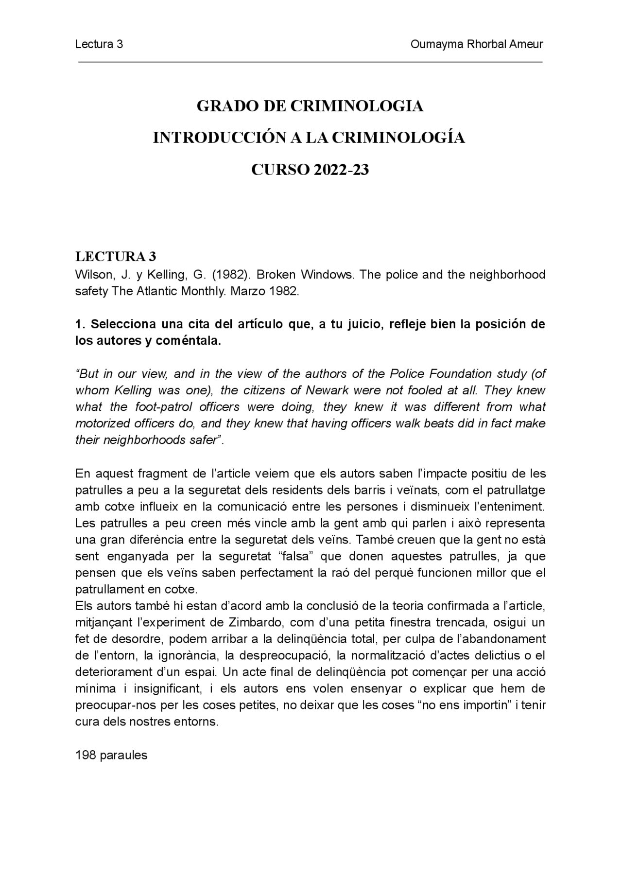 Lectura 3 Broken Windows Ejercicios De Criminología Docsity