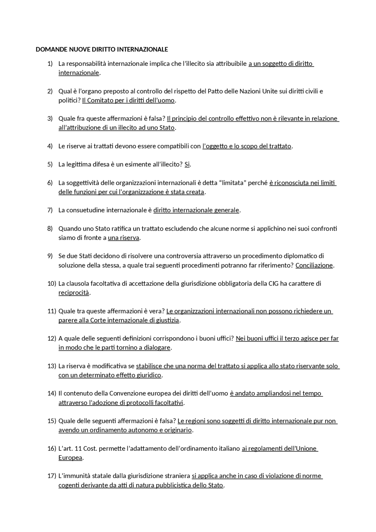 Domande Internazionale Prove Desame Di Diritto Internazionale Docsity