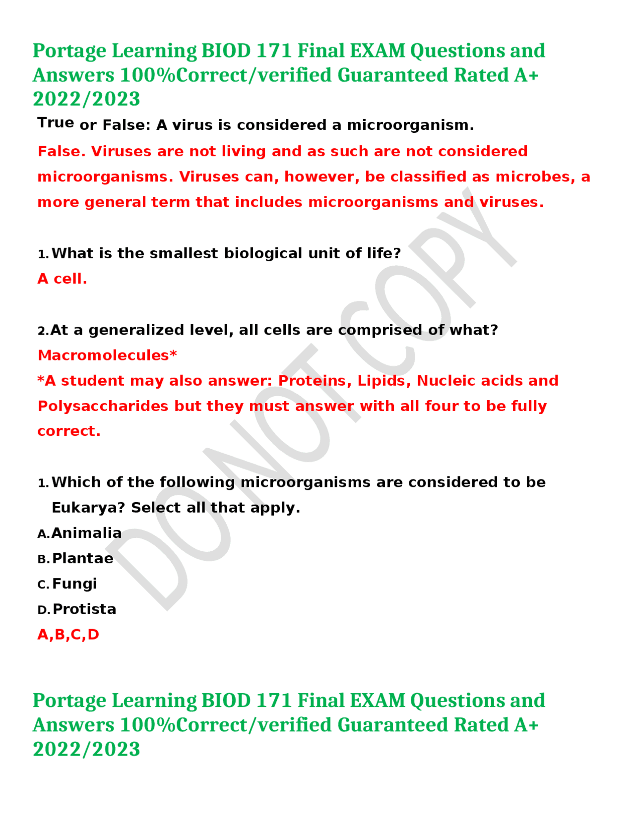 Portage Learning BIOD 171 Final EXAM Questions and Answers 100%Correct ...