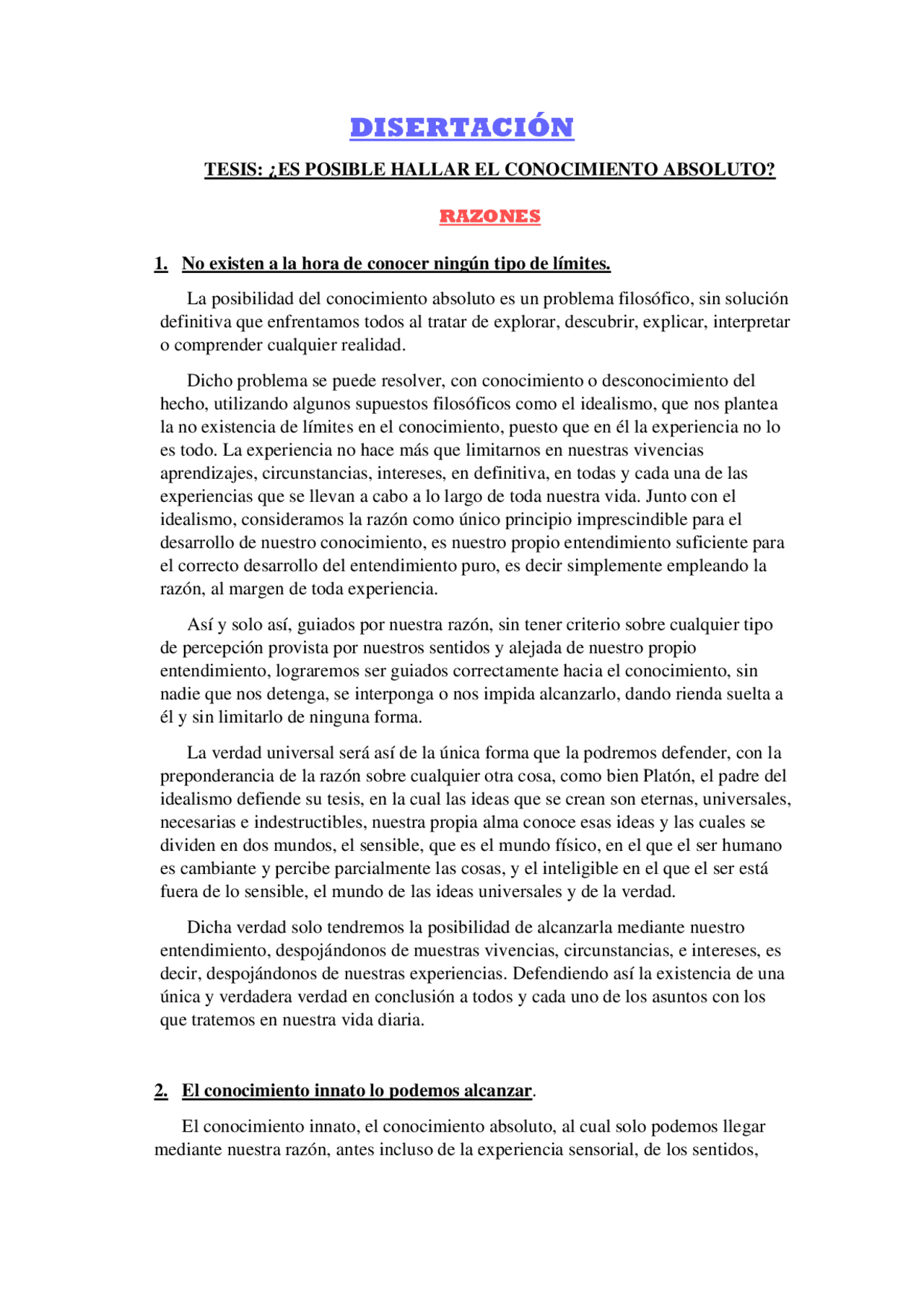 Disertación Filosófica Ejercicios De Filosofía Docsity