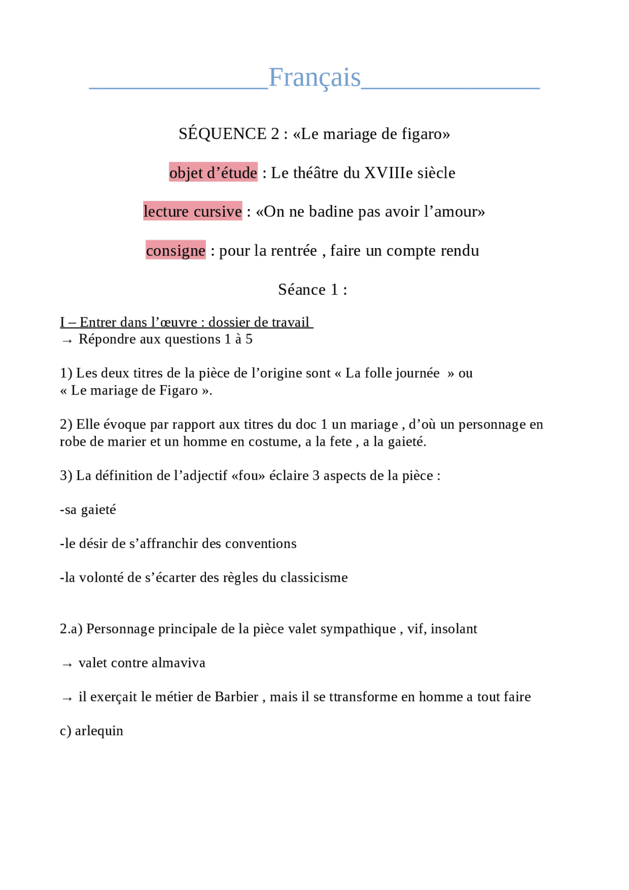 Le Mariage De Figaro Lectures Français Docsity