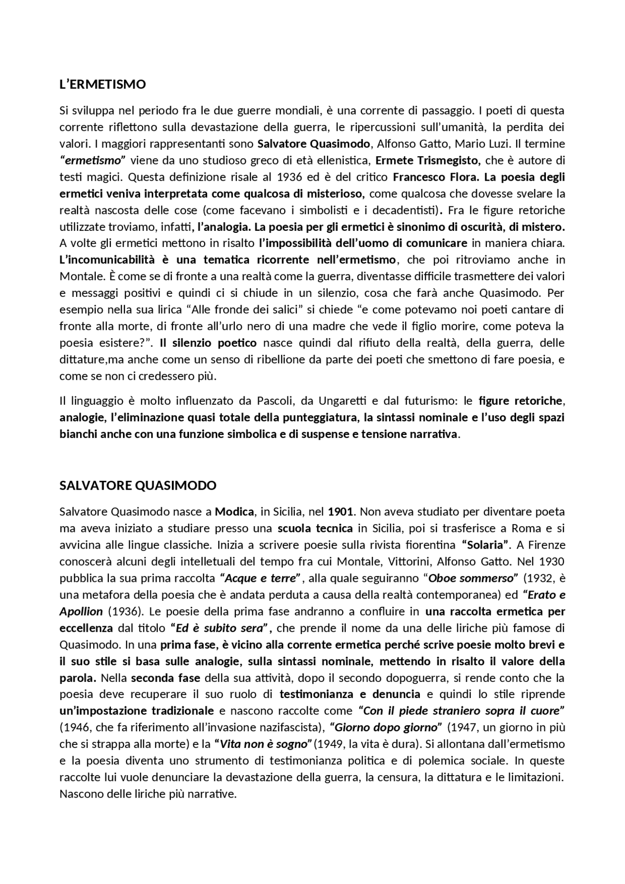 Quasimodo E Lermetismo Appunti Di Italiano Docsity
