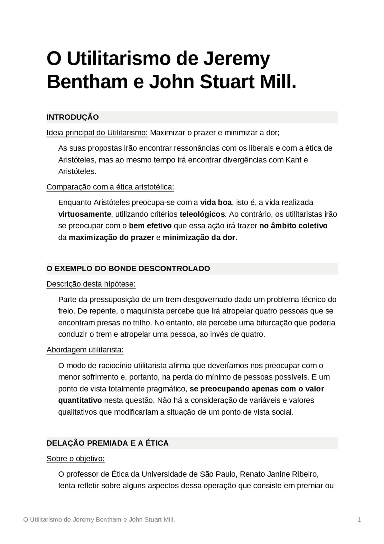 Aula 7 - O Utilitarismo de Jeremy Bentham e John Stuart Mill | Notas de estudo Ética | Docsity