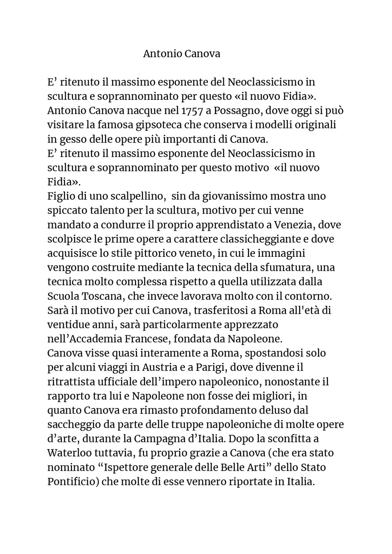 Breve biografia di Canova | Schemi e mappe concettuali di Elementi di ...