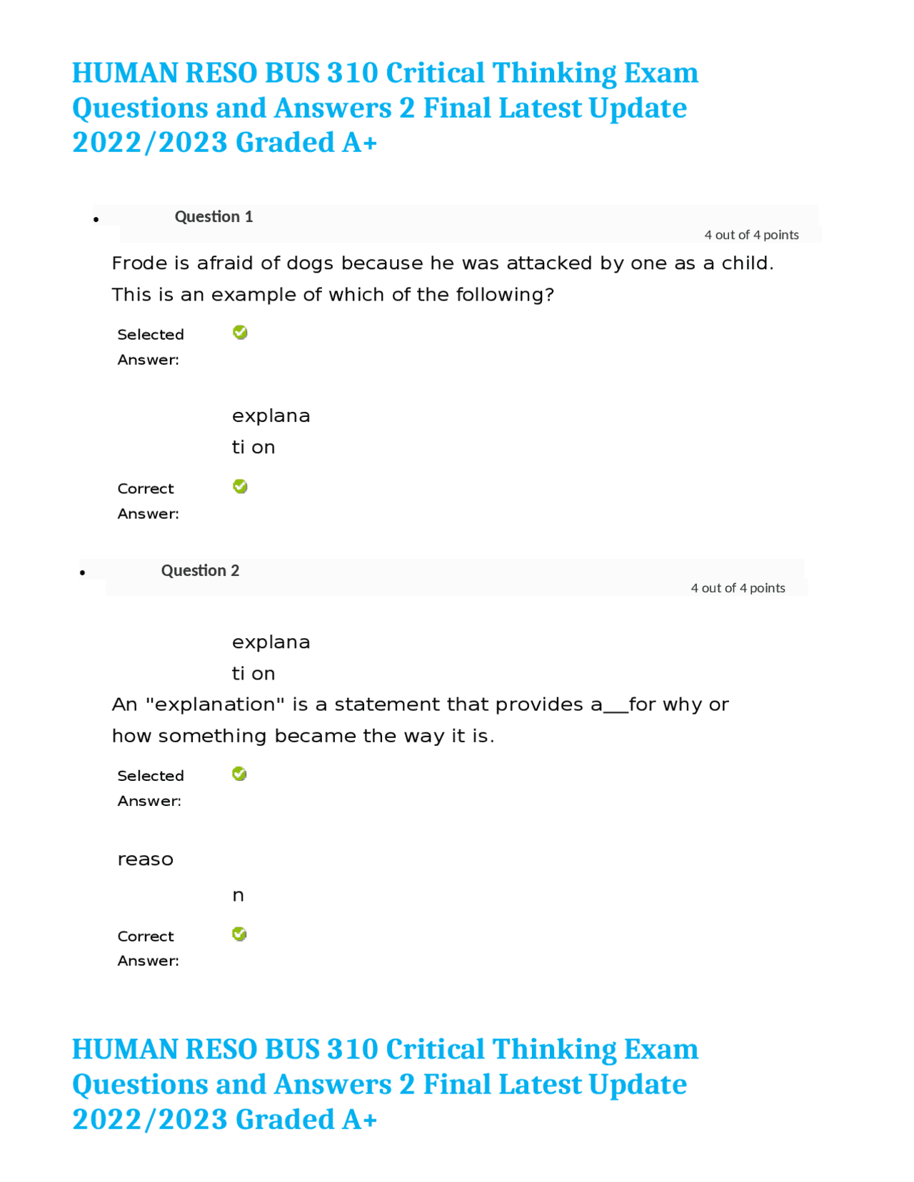 HUMAN RESO BUS 310 Critical Thinking Exam Questions and Answers 2 Final ...