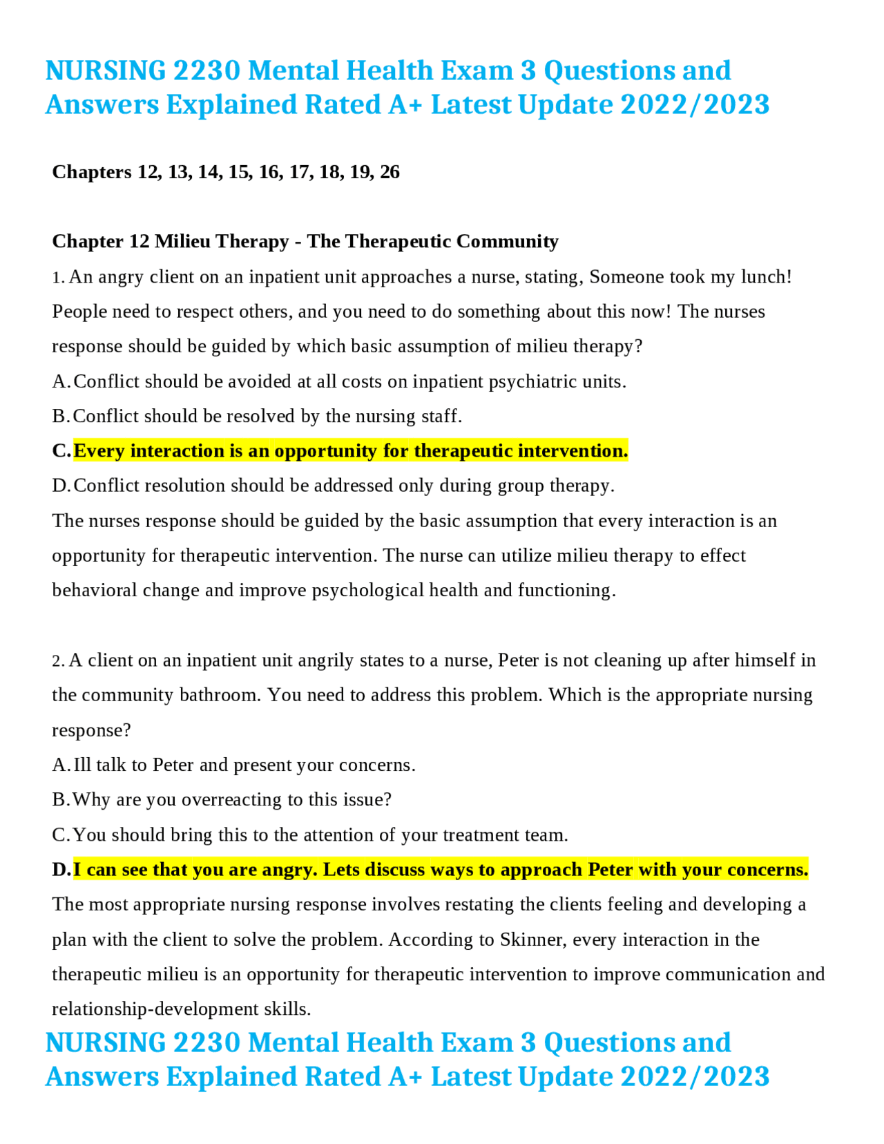 NURSING 2230 Mental Health Exam 3 Questions and Answers Explained Rated ...