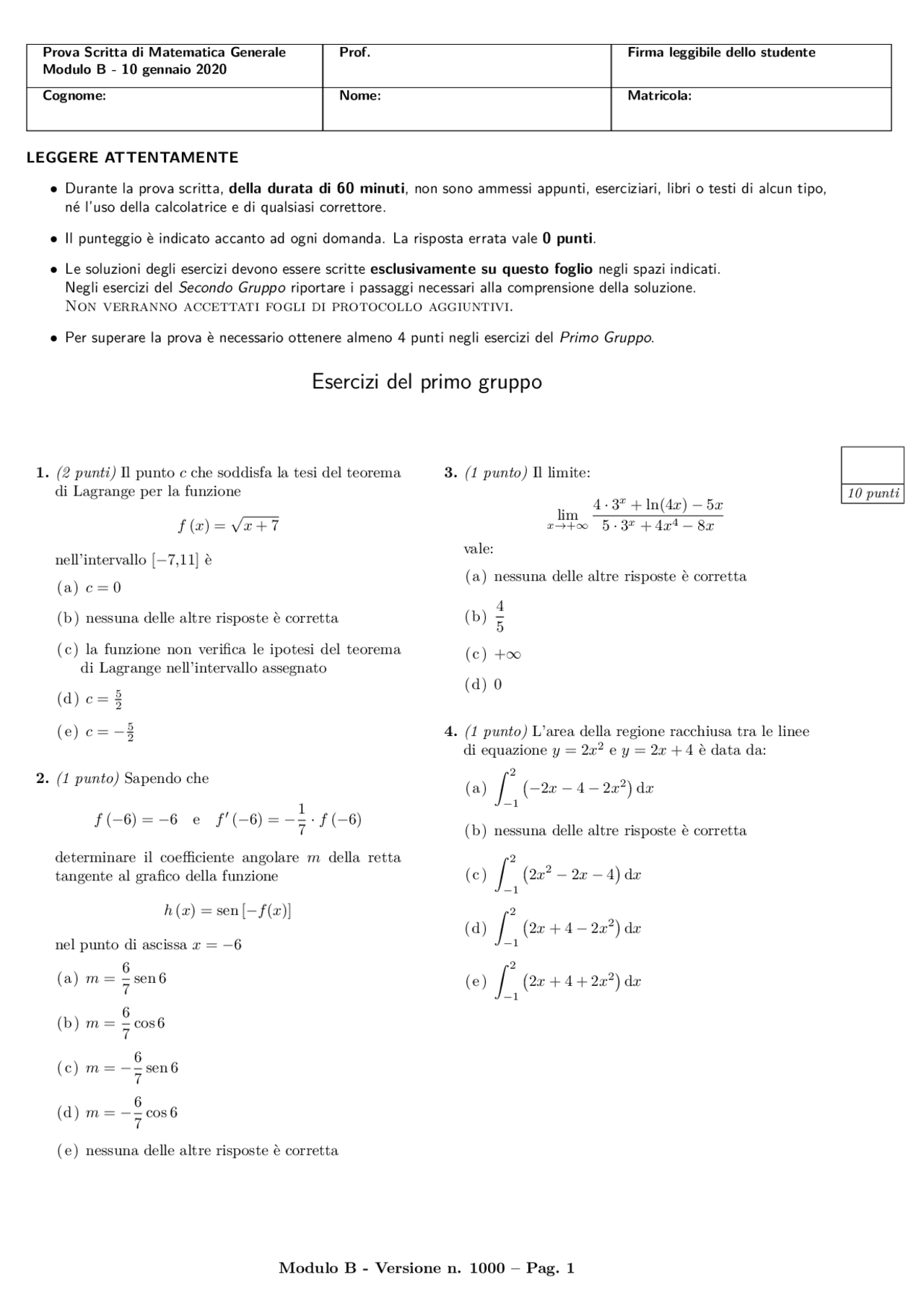Esercizi matematica g | Schemi e mappe concettuali di Matematica Generale | Docsity