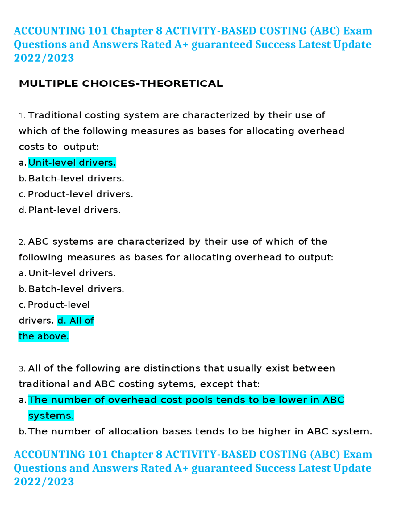 ACCOUNTING 101 Chapter 8 ACTIVITY-BASED COSTING (ABC) Exam Questions ...
