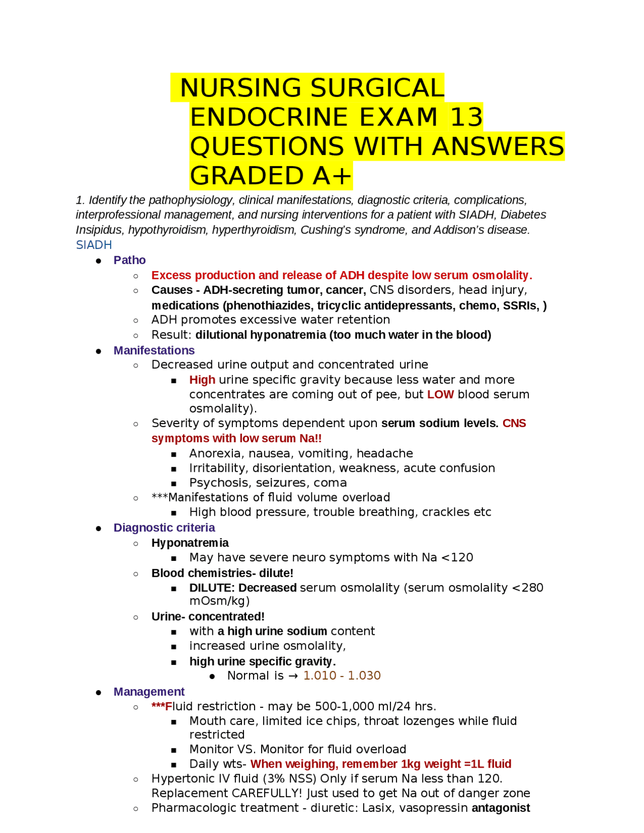 NURSING SURGICAL ENDOCRINE EXAM 13 QUESTIONS WITH ANSWERS GRADED A+ ...