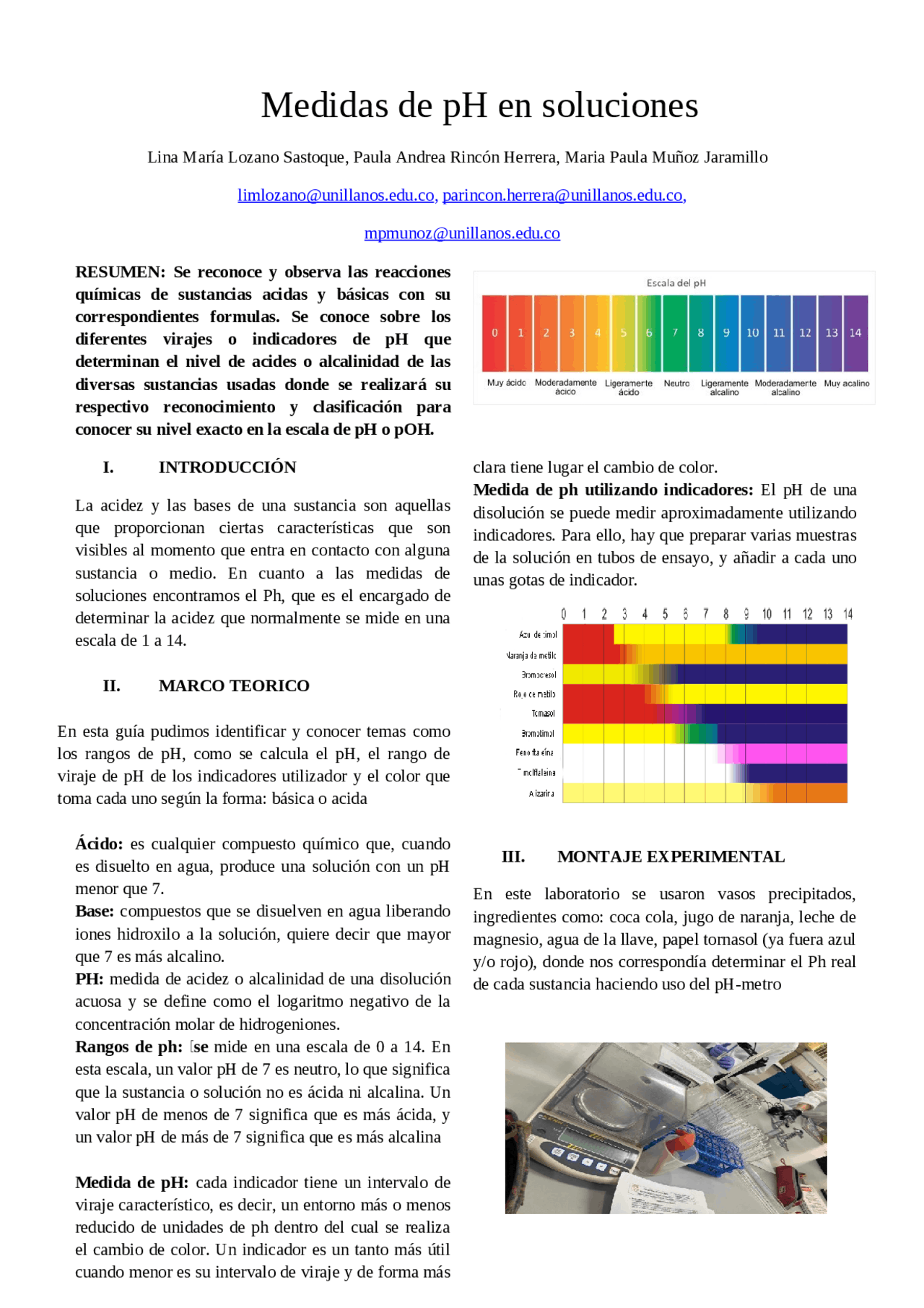 Medidas de pH en soluciones | Guías, Proyectos, Investigaciones de Bioquímica | Docsity