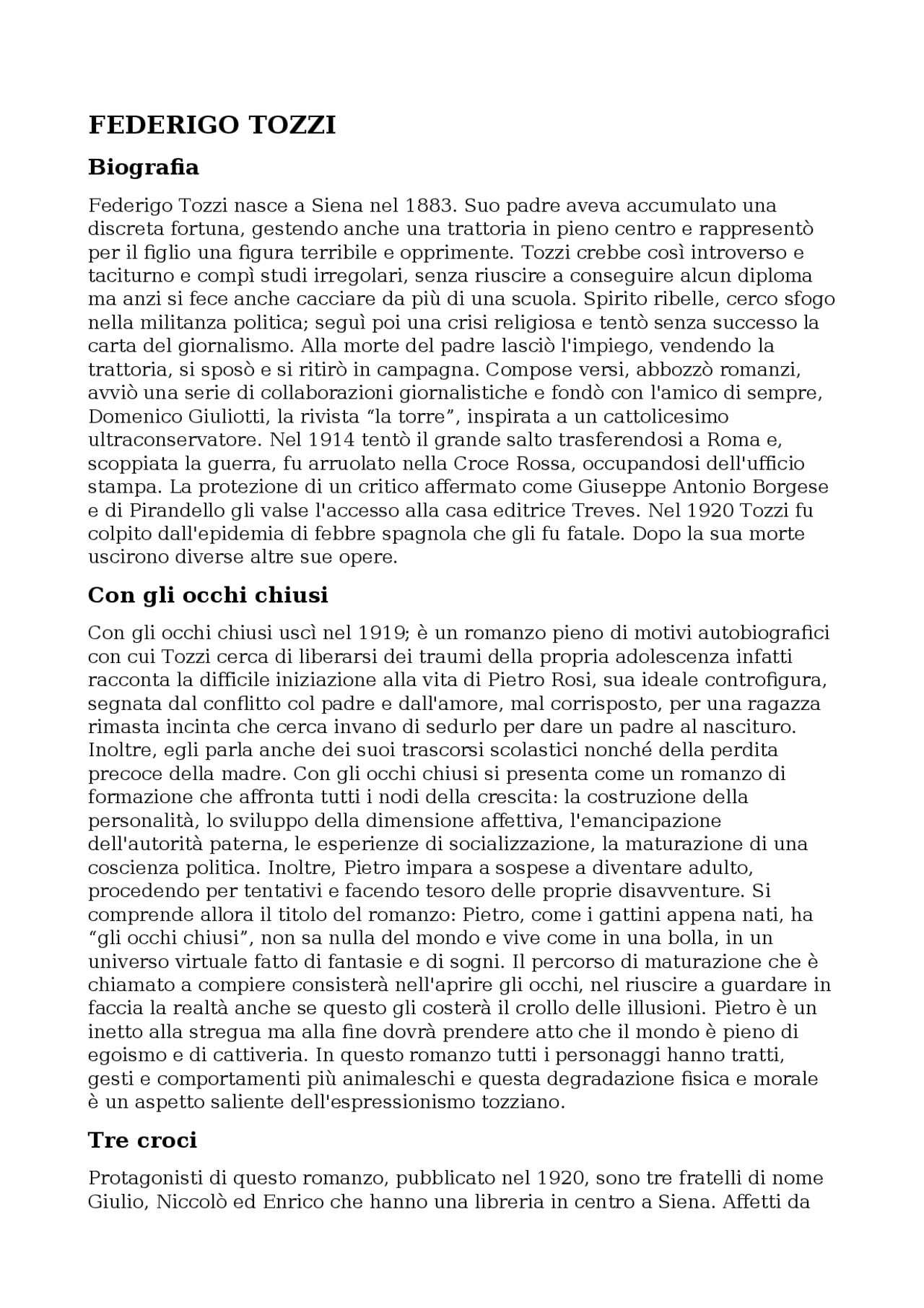 Riassunto Federigo Tozzi | Appunti di Letteratura | Docsity