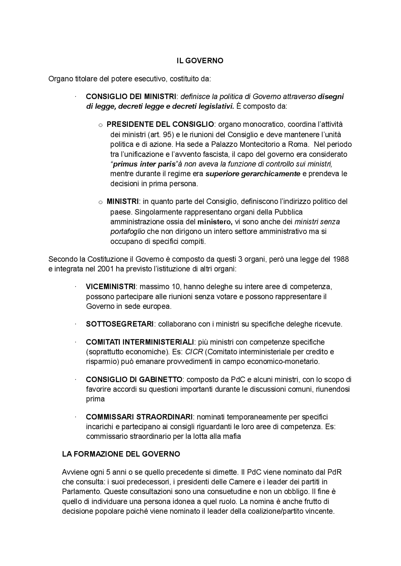 Il governo italiano | Appunti di Diritto | Docsity
