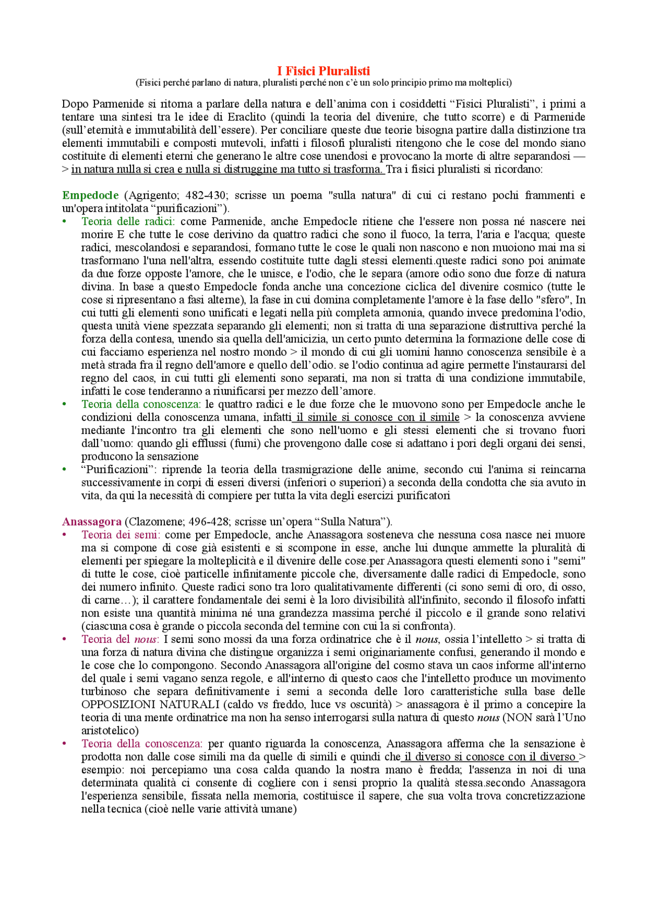Filosofi Pluralisti E Sofisti Sintesi Del Corso Di Filosofia Docsity