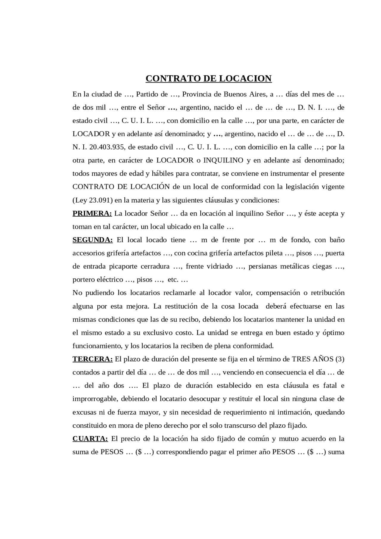 Modelo de contrato de alquiler comercial | Ejercicios de Derecho | Docsity