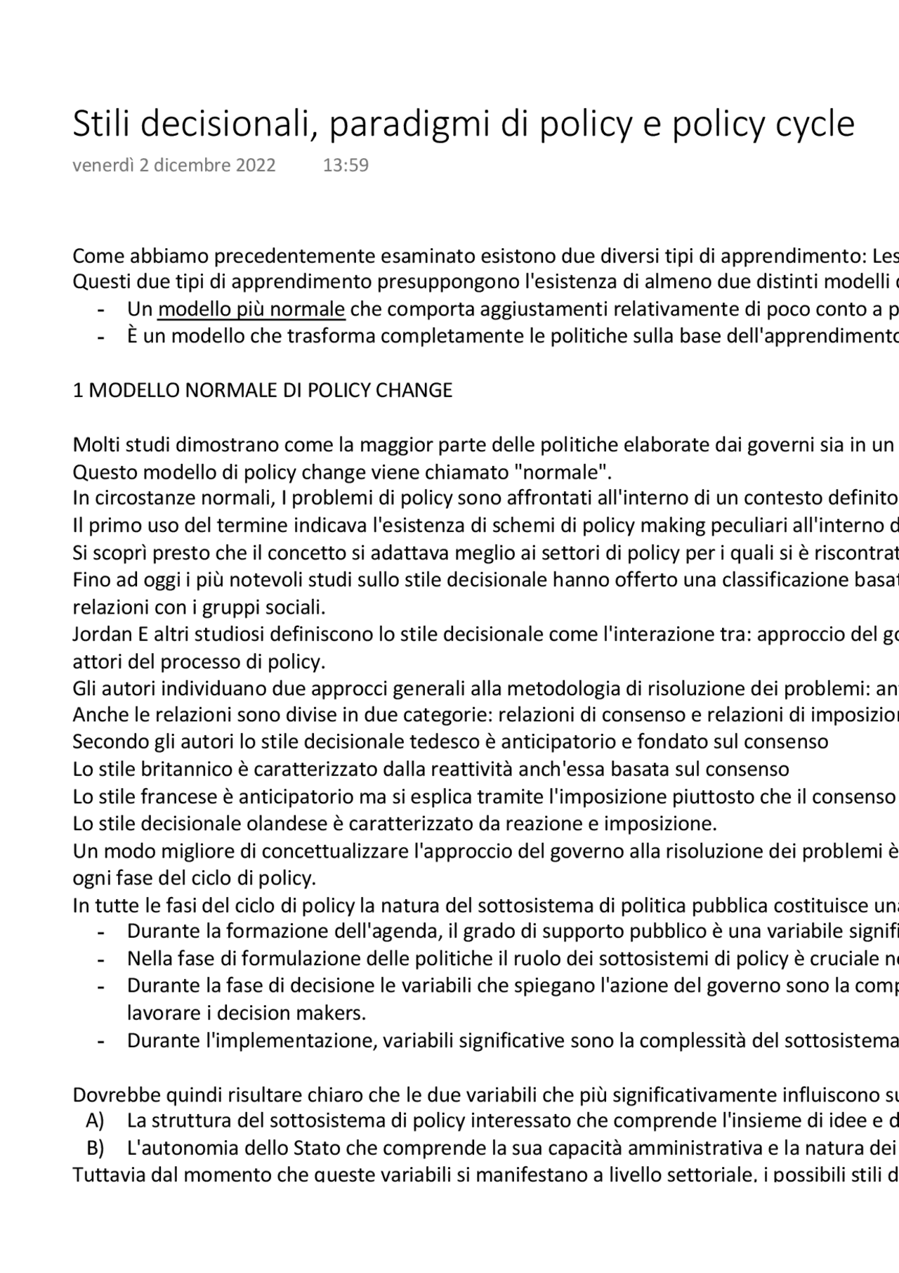 Stili decisionali, paradigmi e policy cycle | Appunti di Analisi Delle Politiche Pubbliche | Docsity