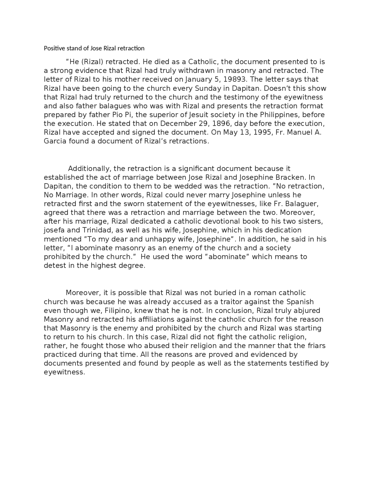 The positive stand for Jose Rizal's retraction | High school final ...