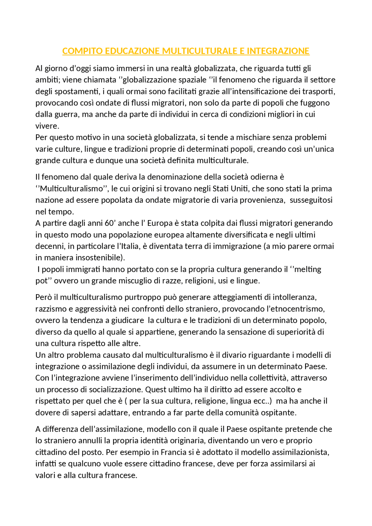 Compito Di Educazione Multiculturale E Integrazione Appunti Di