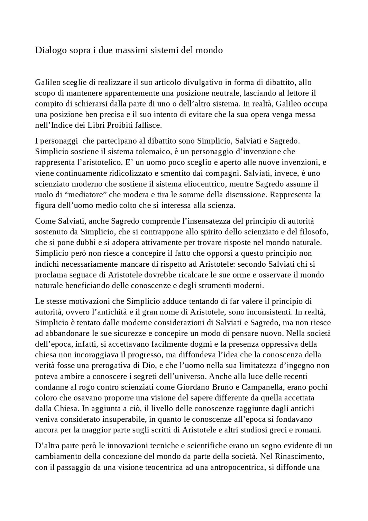 Dialogo Sopra I 2 Massimi Sistemi Del Mondo Appunti Di Storia Docsity