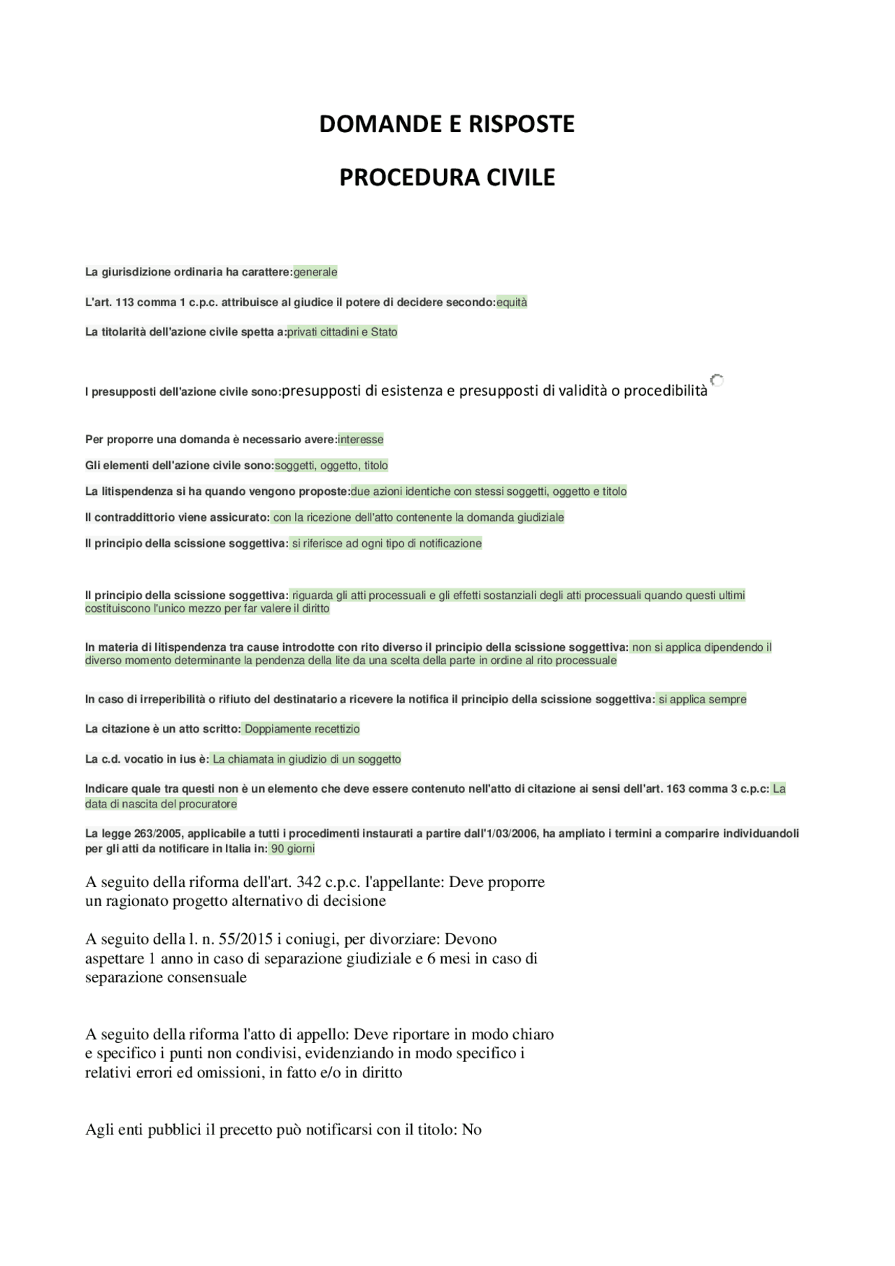 DOMANDE E RISPOSTE I PARTE | Prove d'esame di Diritto Processuale Civile | Docsity