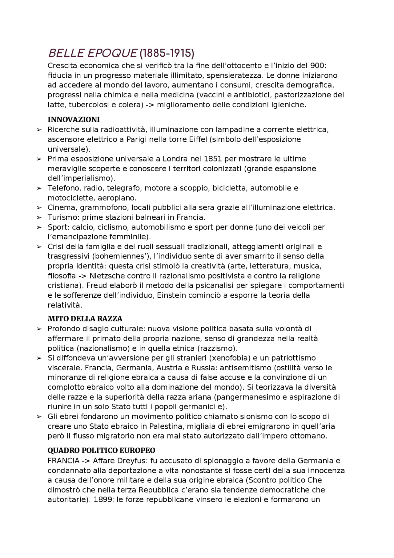 Belle Epoque riassunto | Sintesi del corso di Storia | Docsity