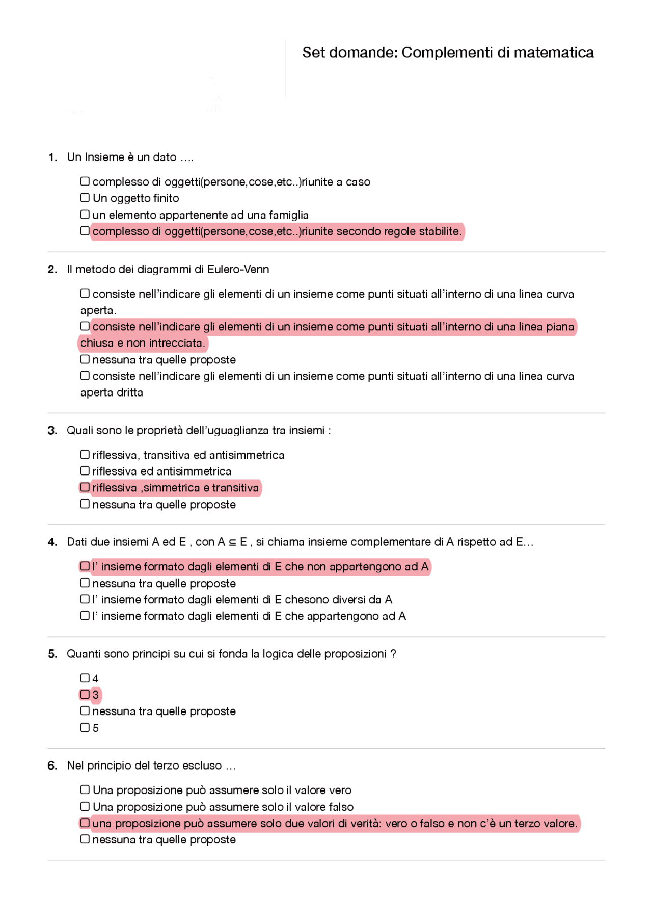 Paniere Columbus Complimenti di Matematica | Panieri di Complementi Di Matematica I | Docsity