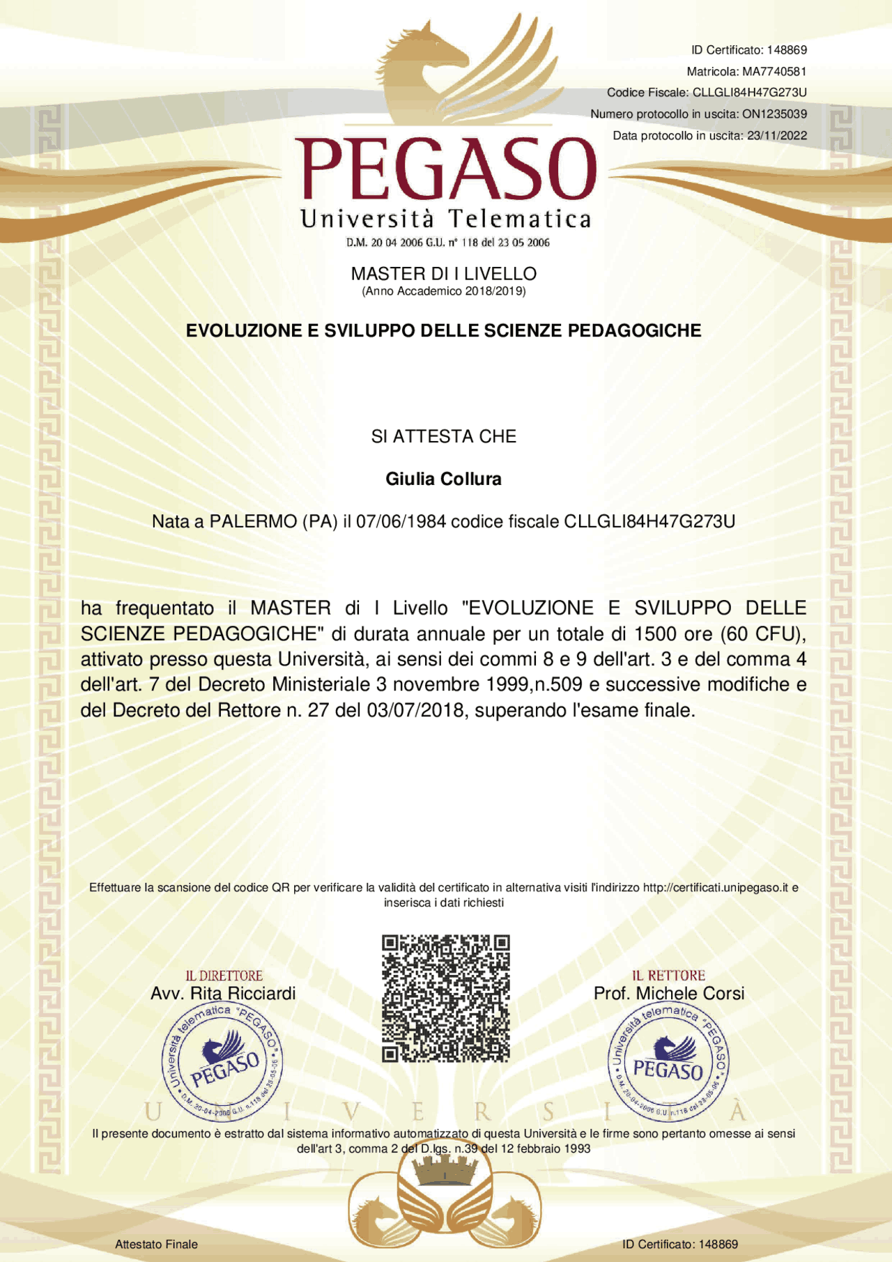 Certificato master modulo progetto educativo per la scuola liceo ...