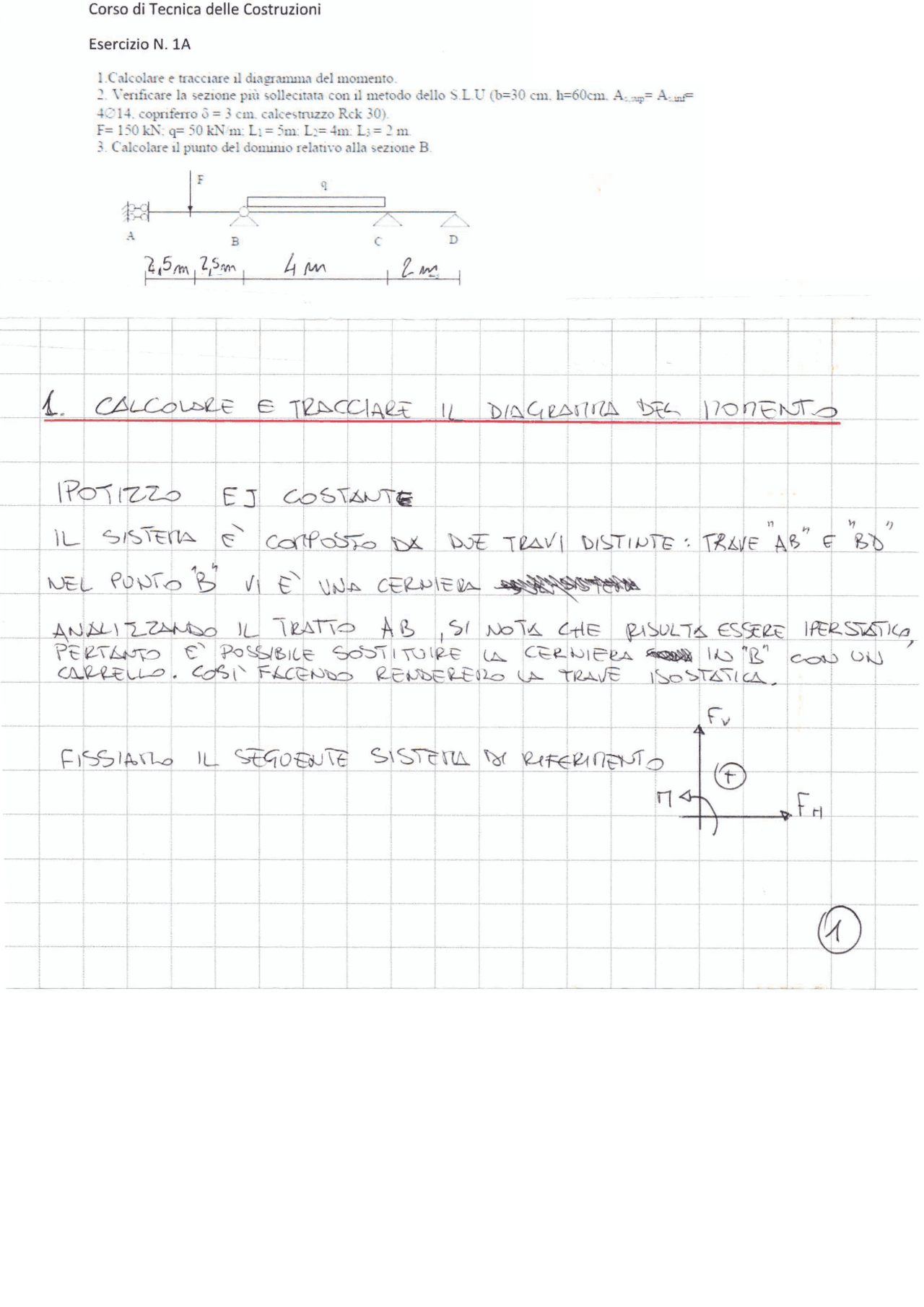 Esercizio n.1A - esame superato | Prove d'esame di Tecnica Delle Costruzioni | Docsity