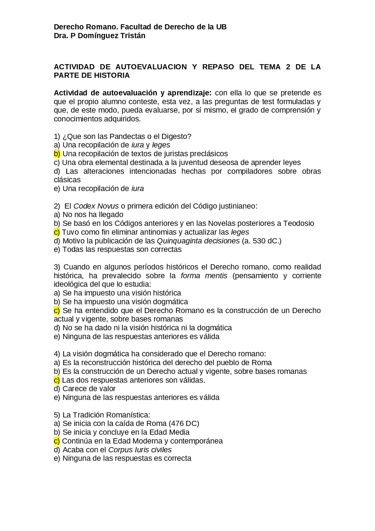 Ejercicios Autoevaluación Ejercicios De Derecho Romano Docsity