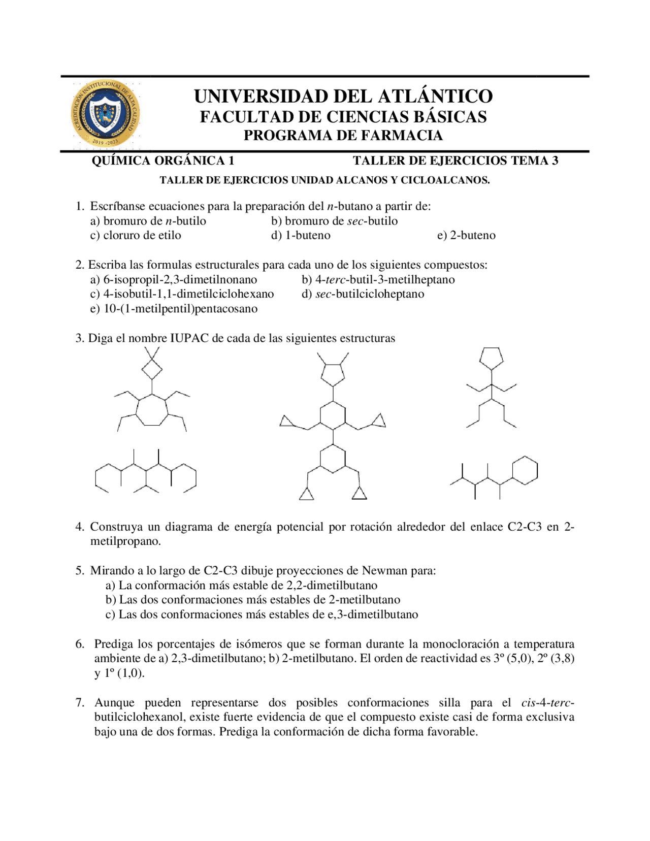 Ejercicios Alcanos Y Cicloalcanos Ejercicios De Química Orgánica
