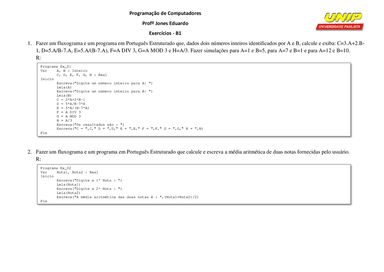 Exercicios De Algoritmo Exercícios Matemática Docsity
