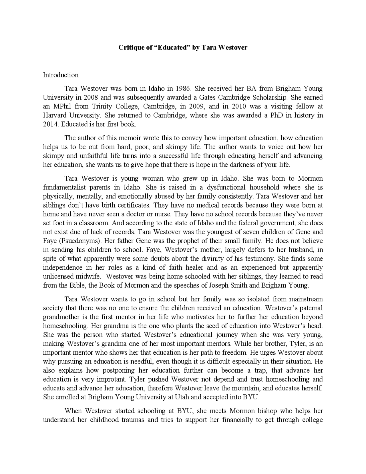 "EDUCATED" by Tara Westover Critical Analysis | Assignments English ...