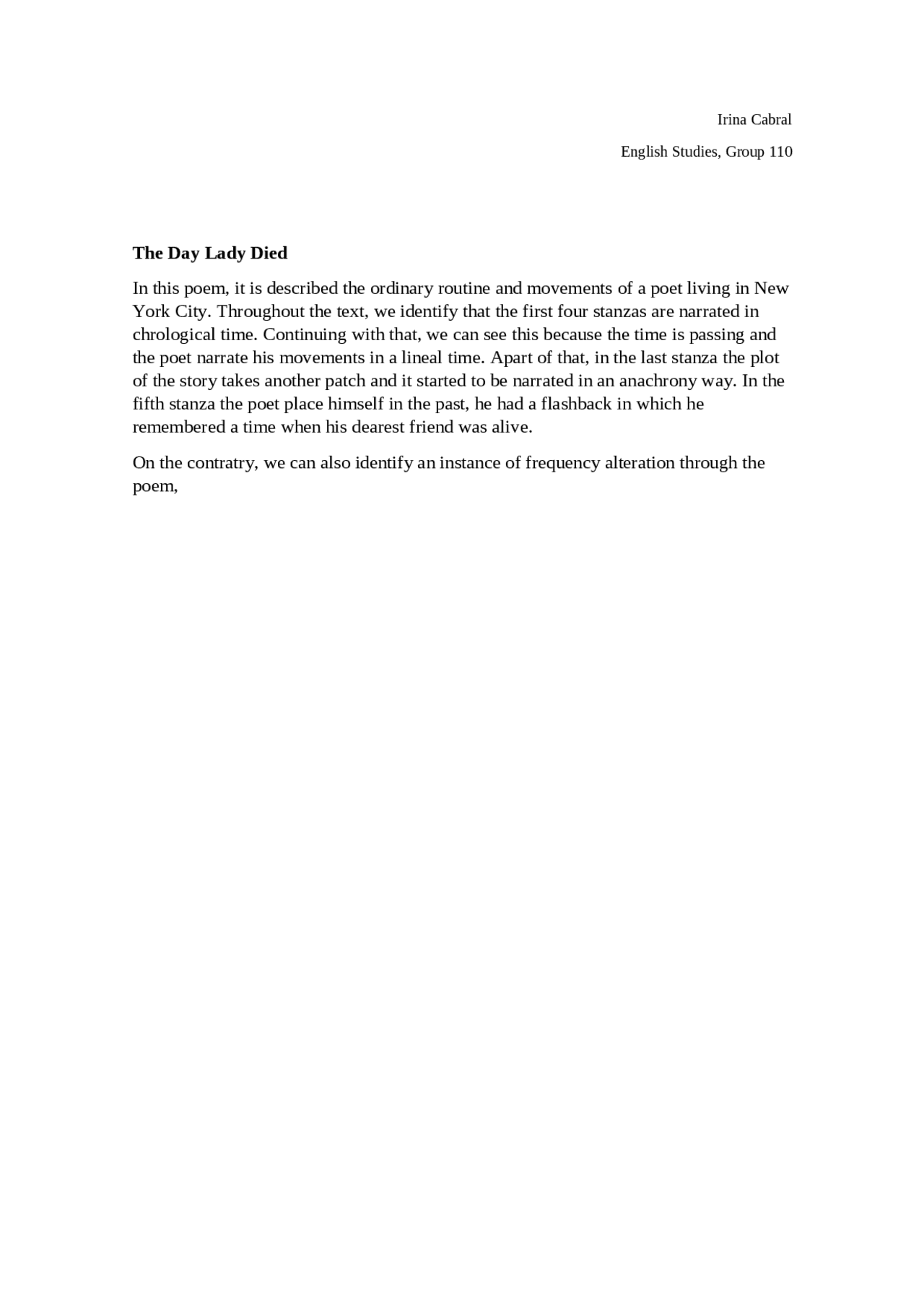 The Day Lady Died Written By Assignments English Literature Docsity
