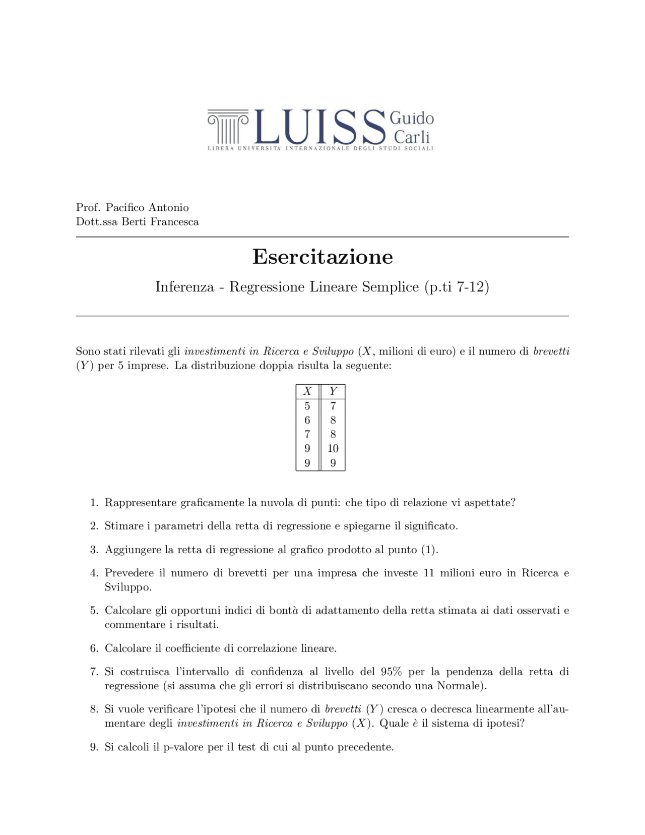 Esercitazioni Di Statistica Applicata Ed Econometria Esercizi Di