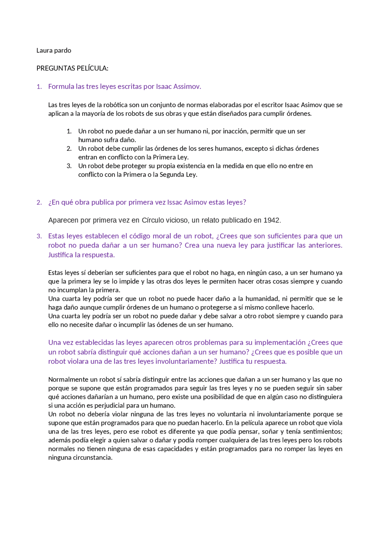 Preguntas de la película de yo, robot | Ejercicios de Informática | Docsity