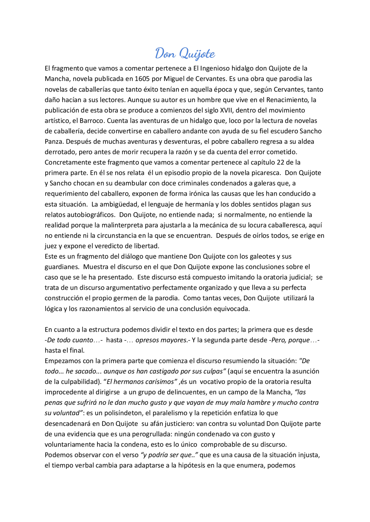 Comentario don Quijote | Apuntes de Literatura Universal | Docsity