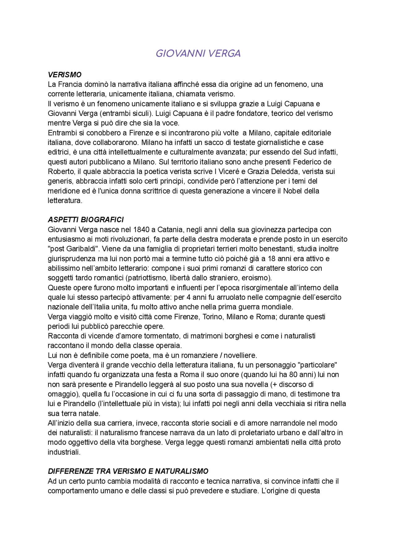 Giovanni verga e il suo verismo | Appunti di Italiano | Docsity