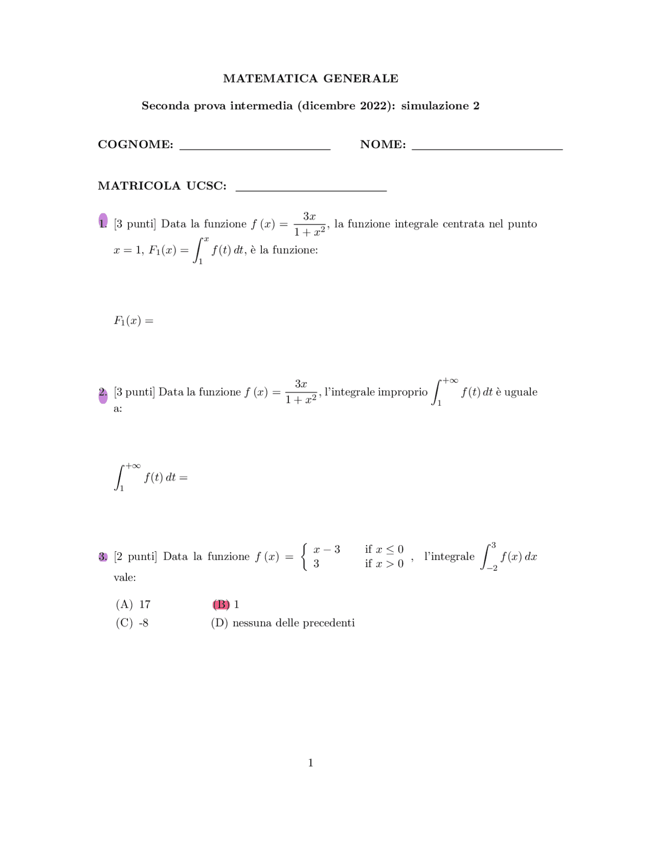 Simulazione secondo parziale matematica generale | Prove d'esame di Matematica Generale | Docsity