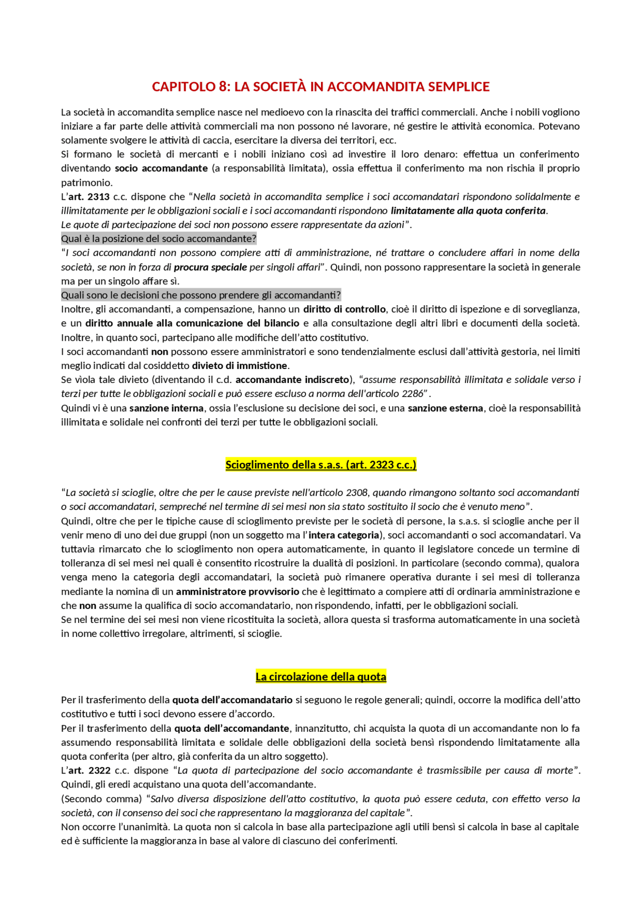Capitolo 8 La SocietÀ In Accomandita Semplice Sintesi Del Corso Di
