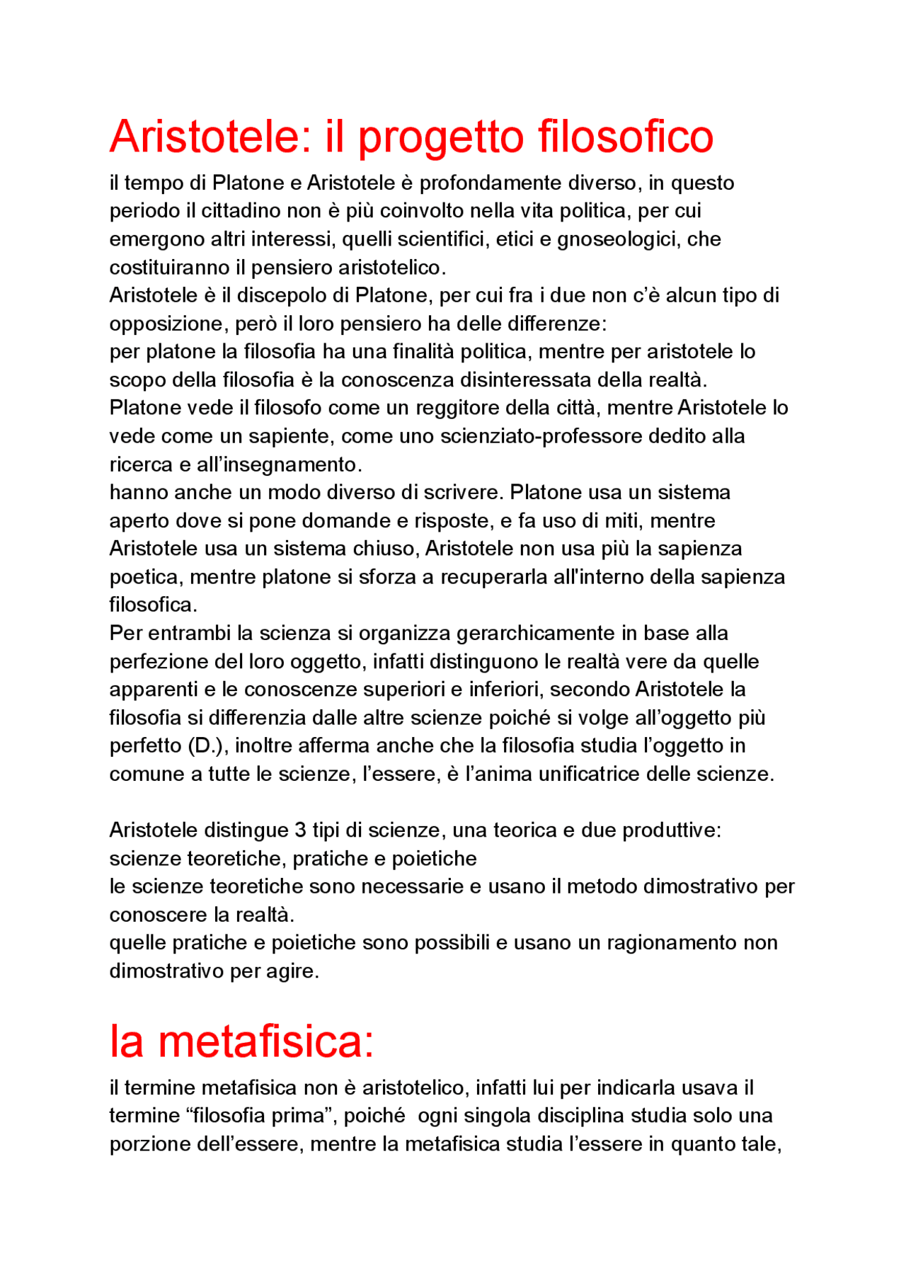 Aristotele: il progetto filosofico | Appunti di Filosofia | Docsity