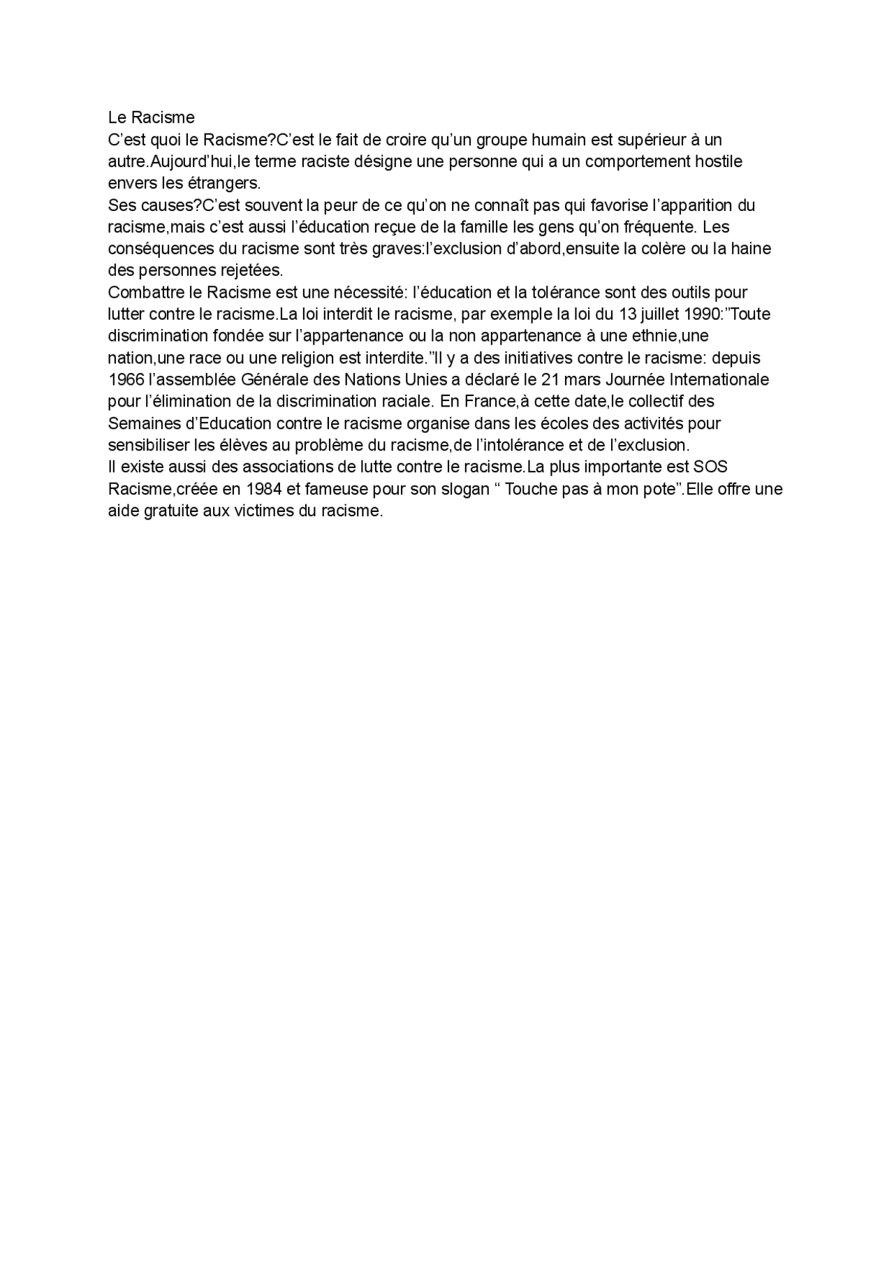 Le Racisme C’est quoi le Racisme? | Sintesi del corso di Francese | Docsity