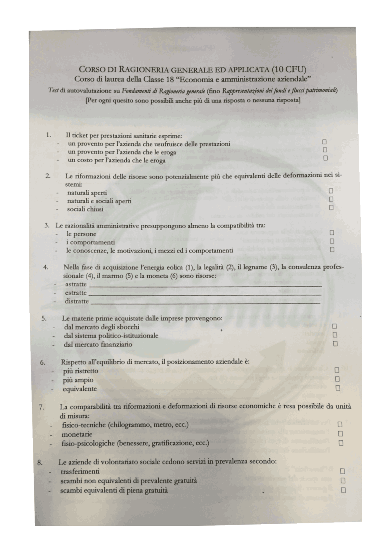 Test Autovalutazione 2015 Prove Desame Di Ragioneria Docsity